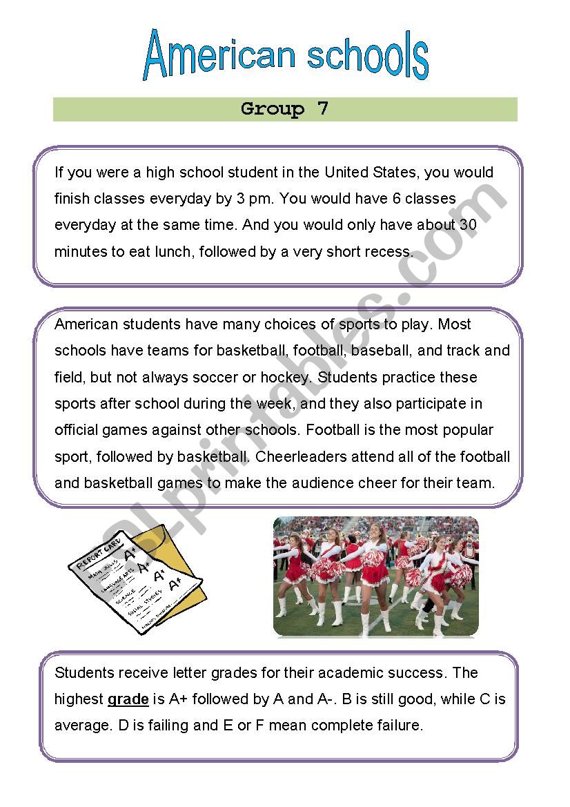 American Schools - group work – groups 7-9 - ESL worksheet by chamanne