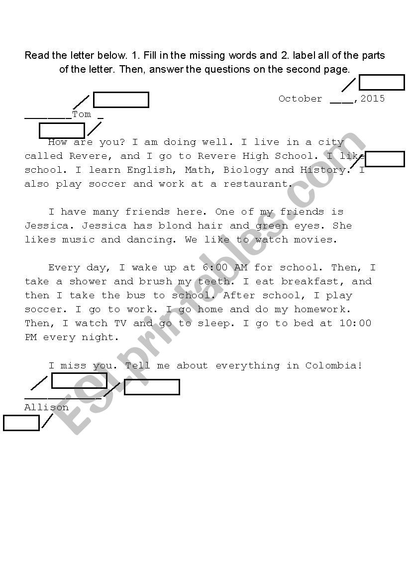 Allison´s Letter - ESL worksheet by mrsrubinrhs