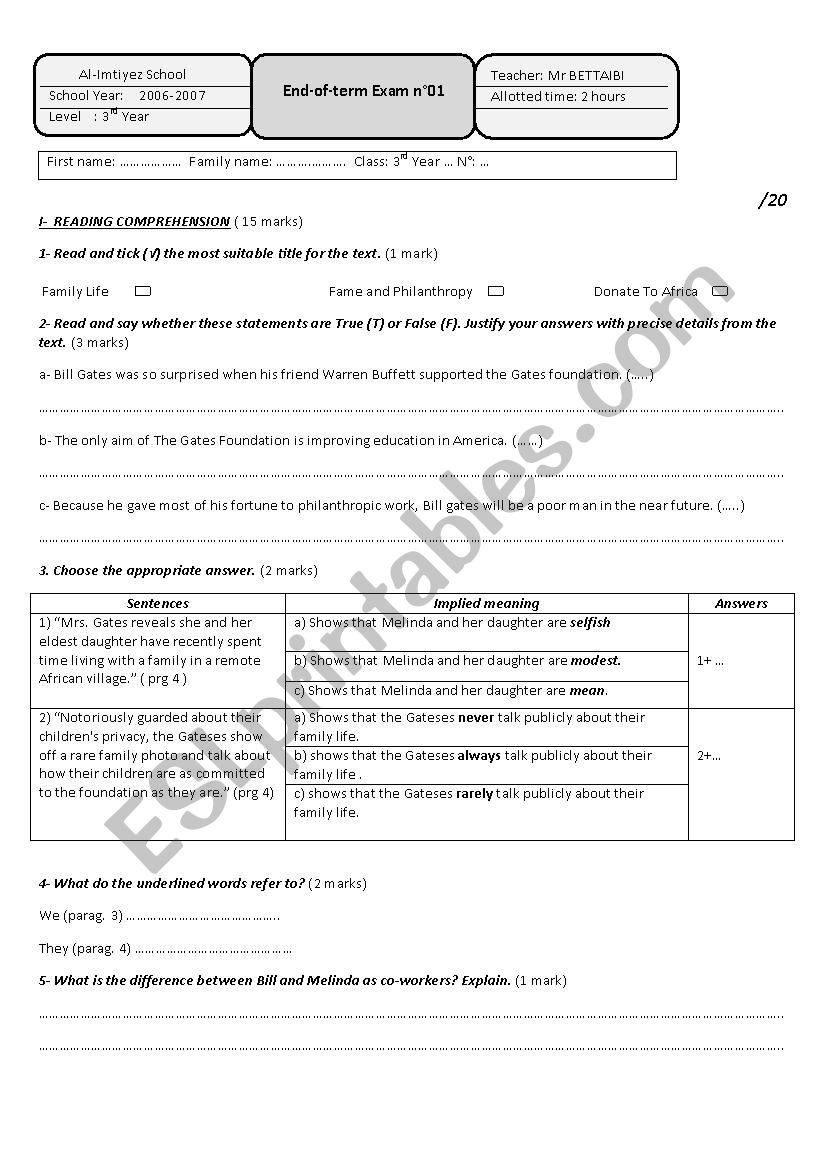 End-of-term Exam n°01 3rd year - ESL worksheet by ouni