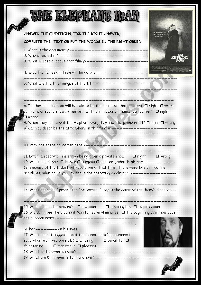 The Elephant Man : David Lynch´s film full review - ESL worksheet by ...