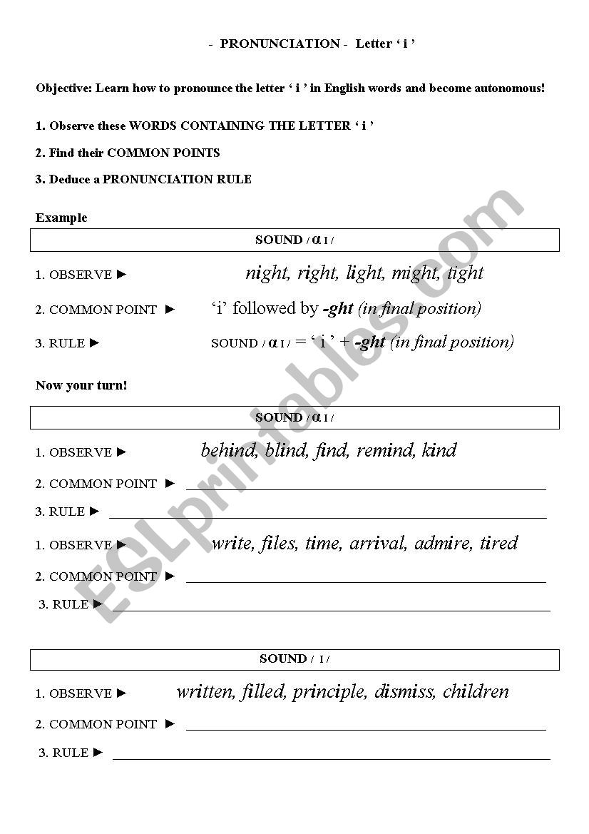 pronouncing the letter ´ i ´ in English - ESL worksheet by frankzerbib