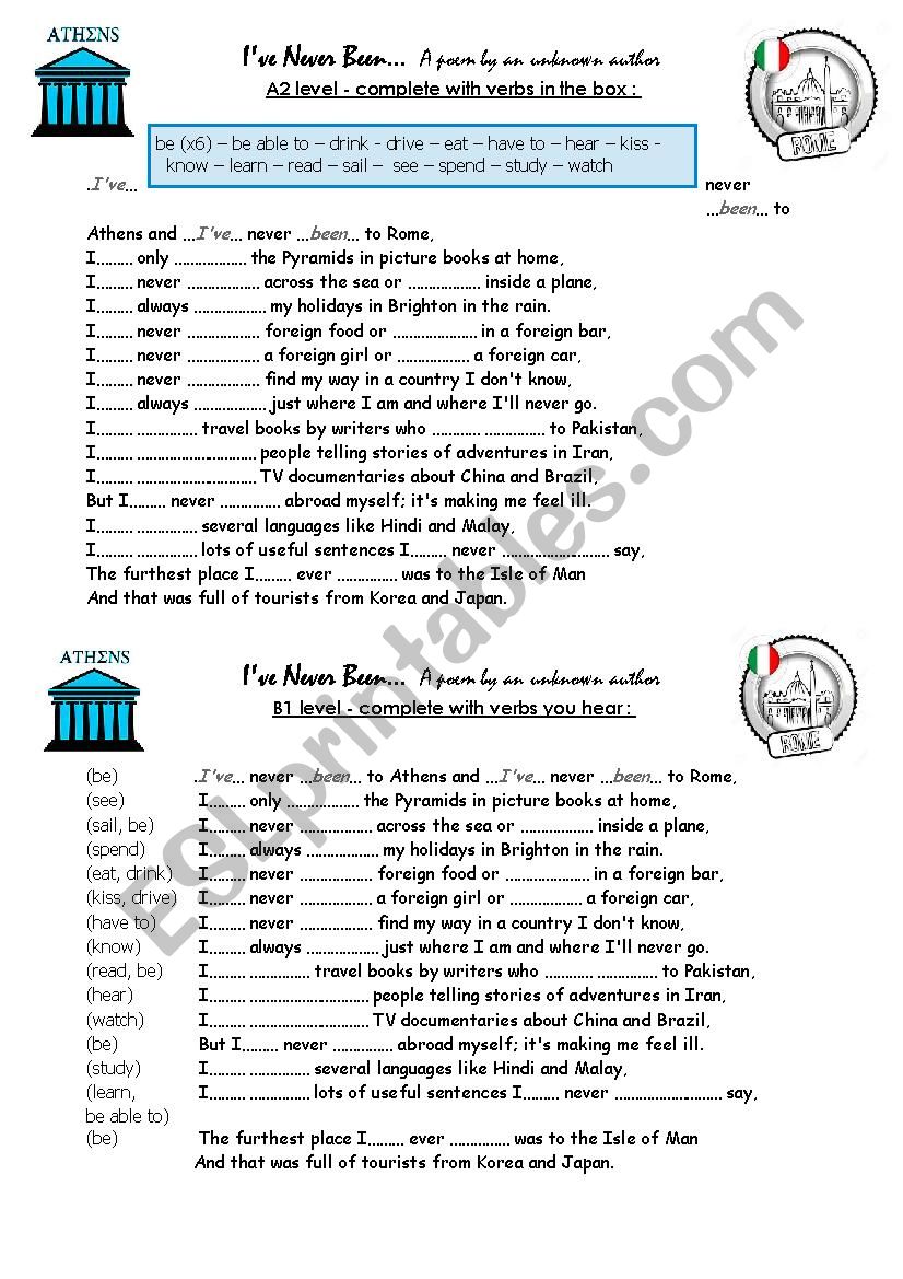 I´ve Never Been poem present perfect - ESL worksheet by lareinedangleterre