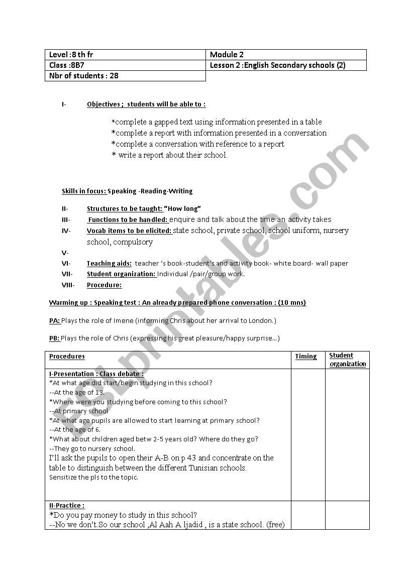 English Secondary Schools 2 Lesson plan ESL Worksheet By Loubaba