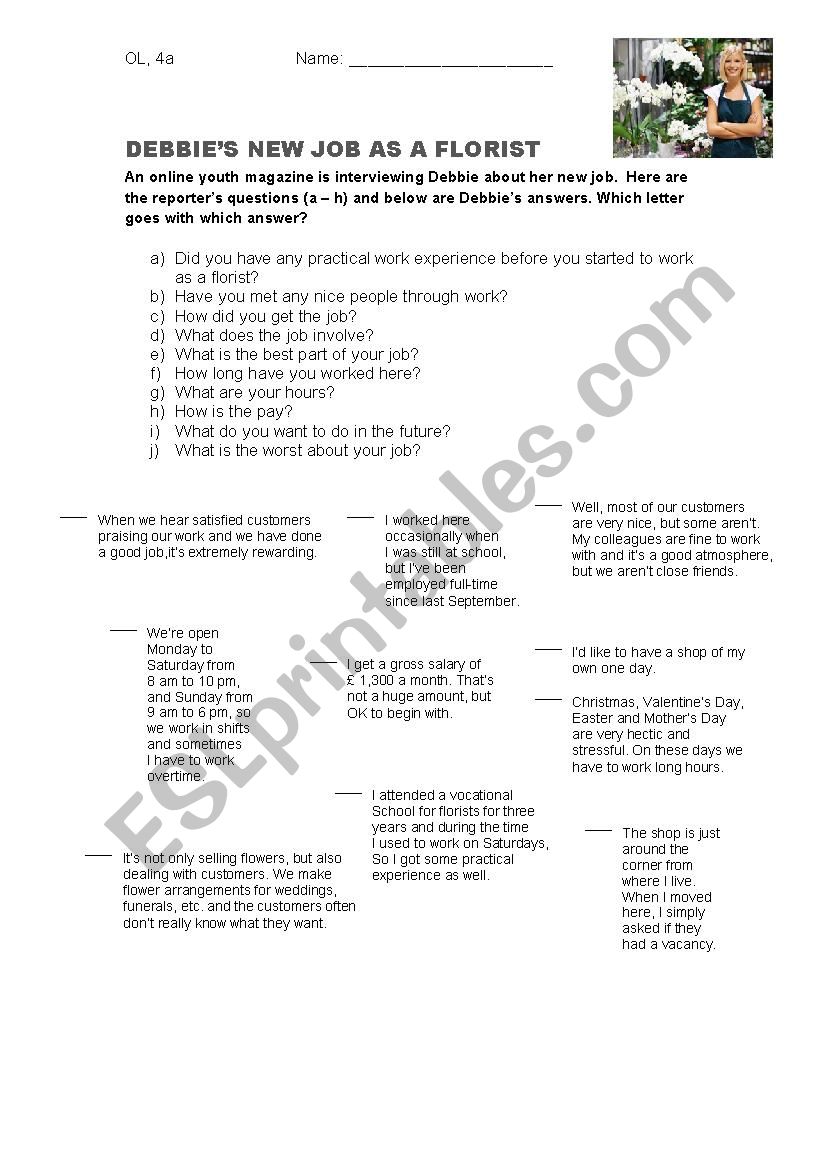 Debbie´s new job as a florist - ESL worksheet by connorr