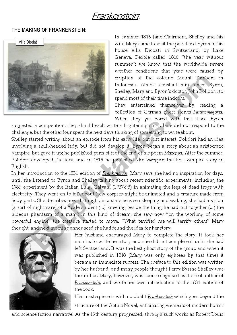 An introduction to Maty Shelley´s "Frankenstein" - ESL worksheet by ...