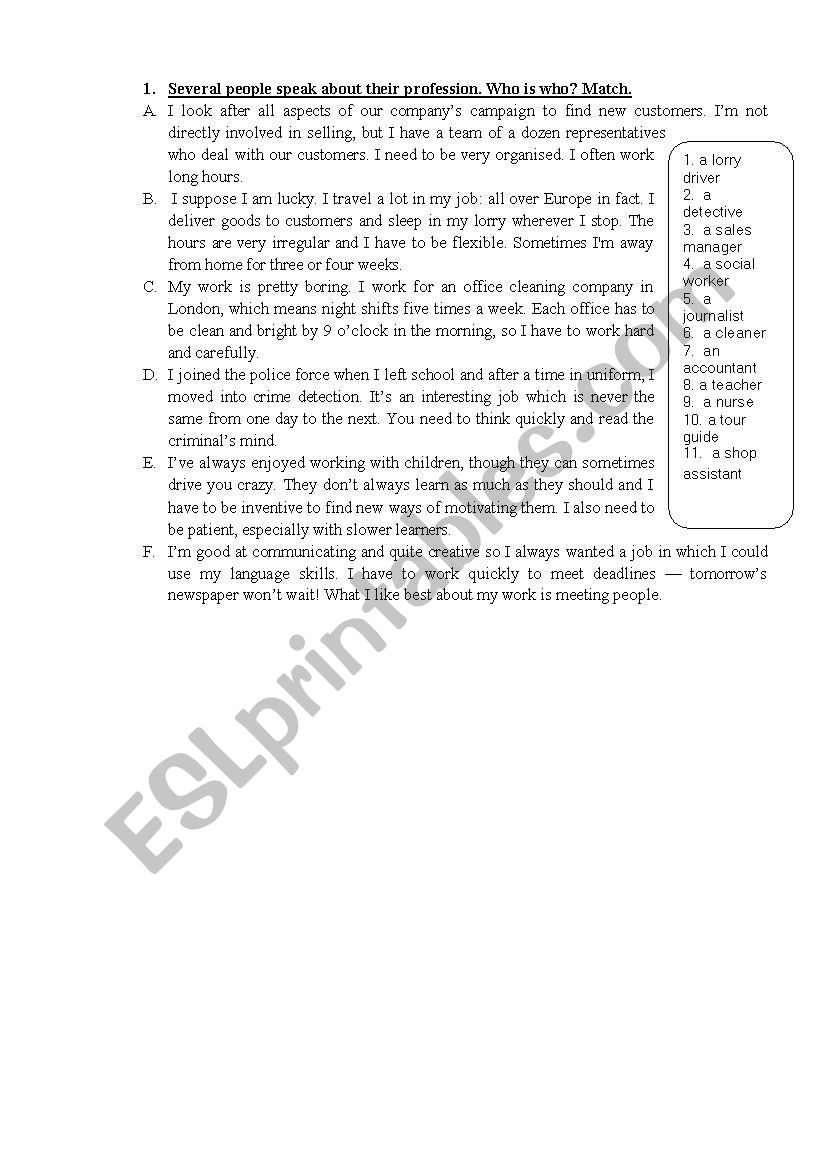 Match the job with the description - ESL worksheet by sunflower5in5