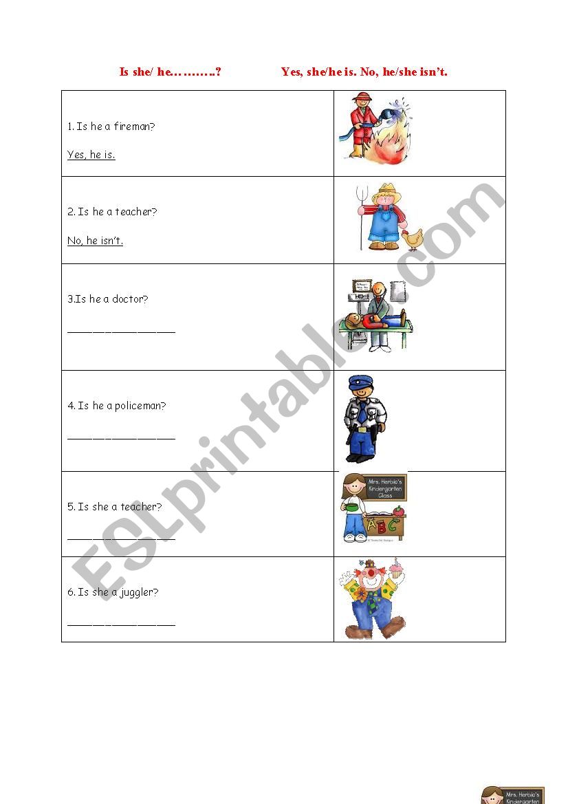 Jobs: Is he / she.............? Yes, she/he is. No, she/he isn´t. - ESL ...
