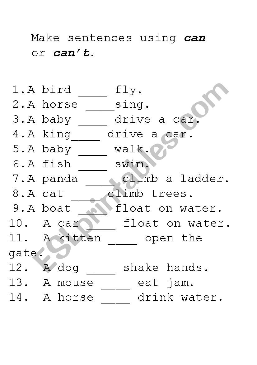 Make sentences using can/can´t. - ESL worksheet by AngelaJessep