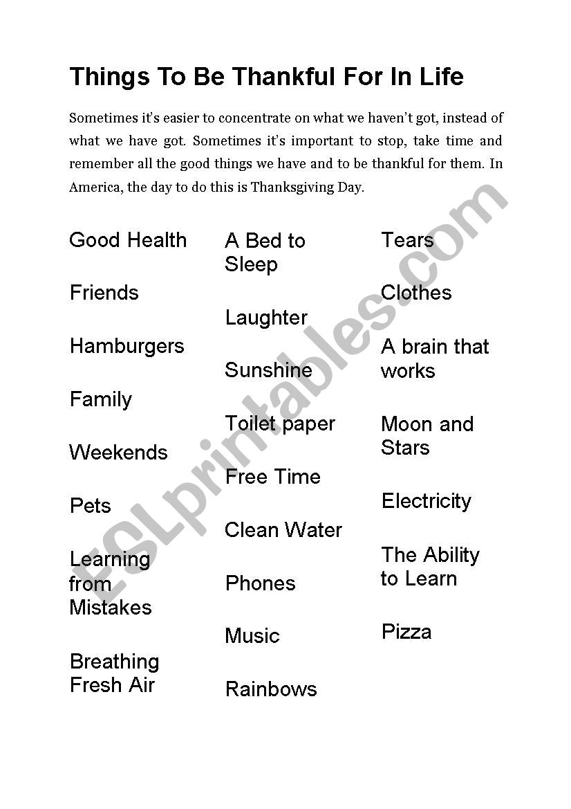 I´m thankful for (Speaking Activity) - ESL worksheet by Sabela2