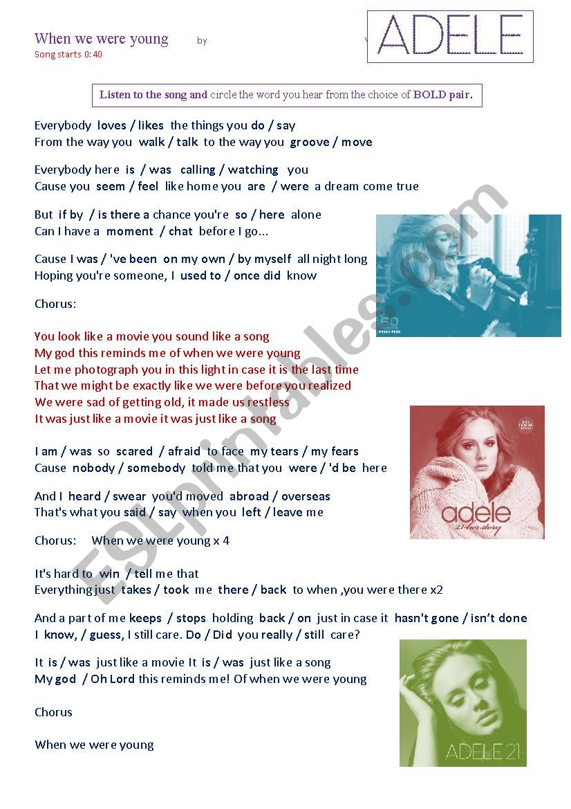 SONG ´When we were young´ by ADELE - ESL worksheet by jmcthefirst ...