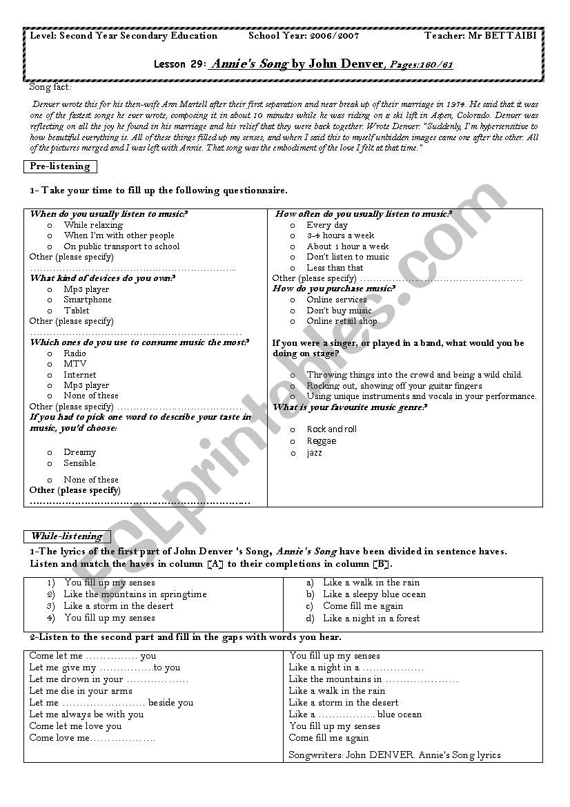 Level: Second Year Secondary Education Lesson 29: Annie´s Song by John ... Level: Second Year Secondary Education Lesson 29: Annie´s Song by John ...