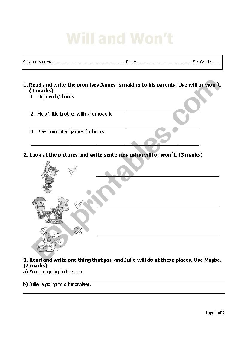 Will and won´t activities - ESL worksheet by Claudett