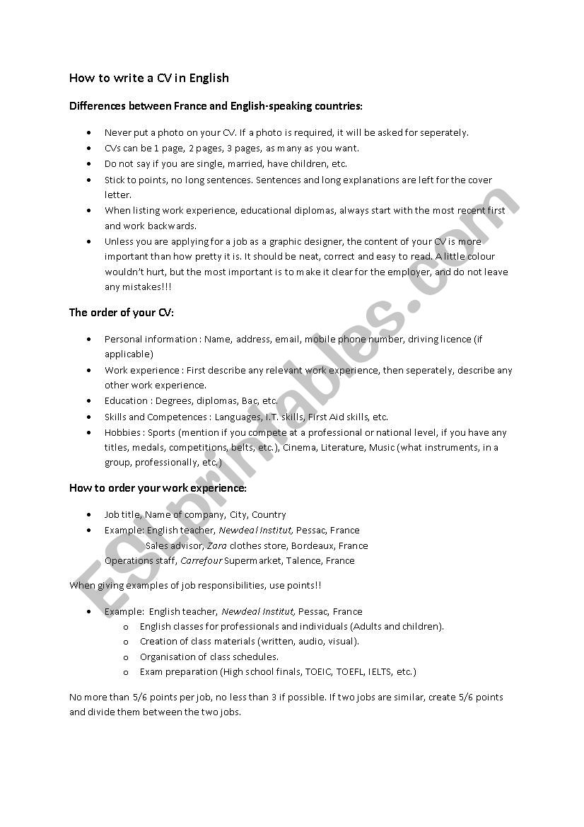 How To Write A CV In English ESL Worksheet By Newdeal