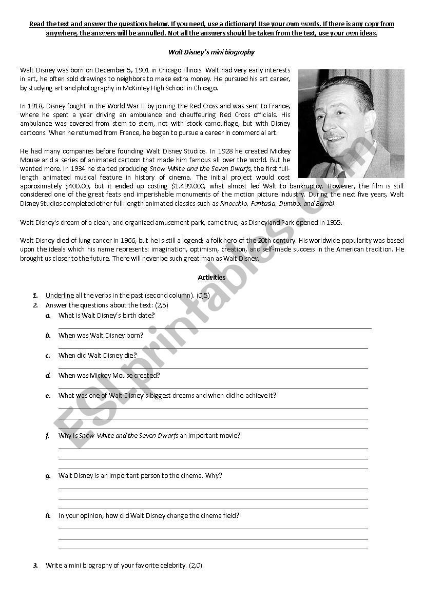 Reading activity - Walt DisneyÂ´s biography - ESL worksheet by Mellih1986