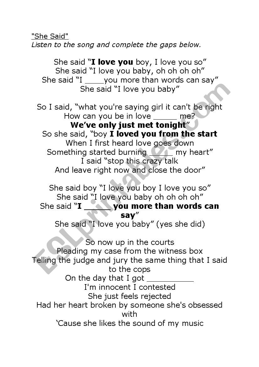 ´She Said´ by Plan B (lyrics completion and reported speech practice ...
