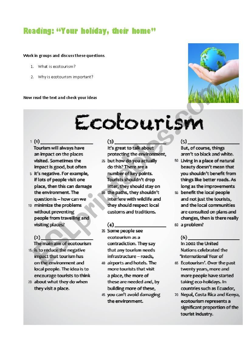Reading: “Your holiday, their home” (Ecoturism) - ESL worksheet by Antoalem
