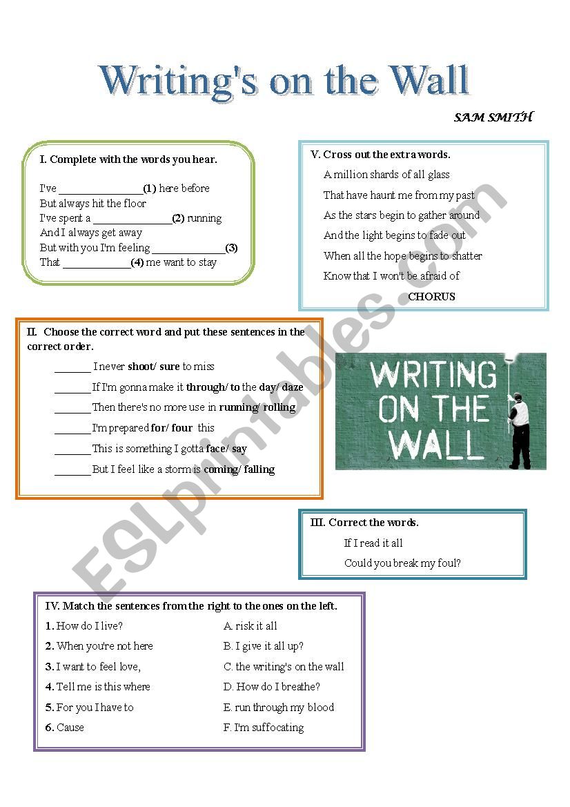 Writing´s on the Wall - ESL worksheet by leesann