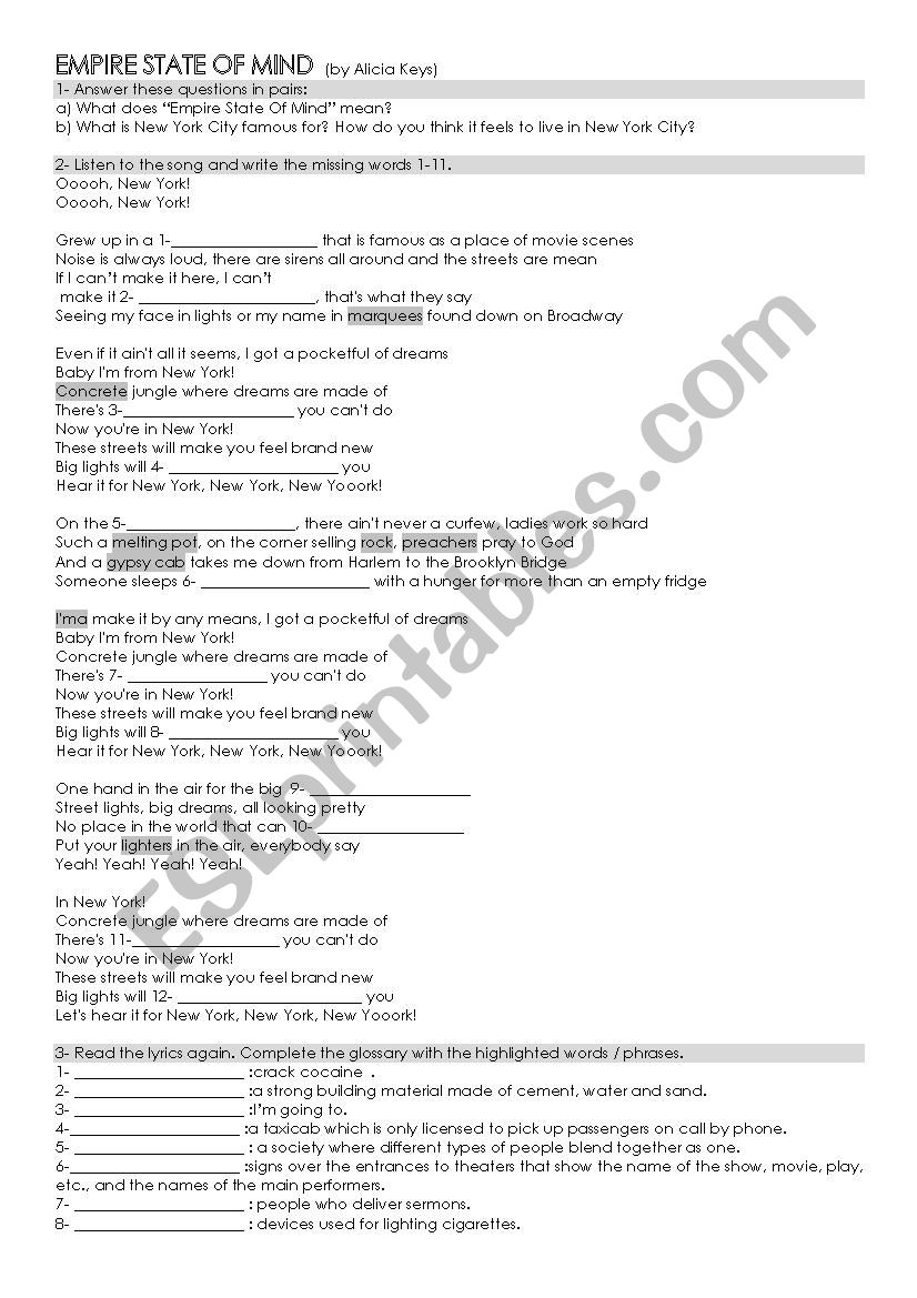 Empire State of Mind - ESL worksheet by vanegarma