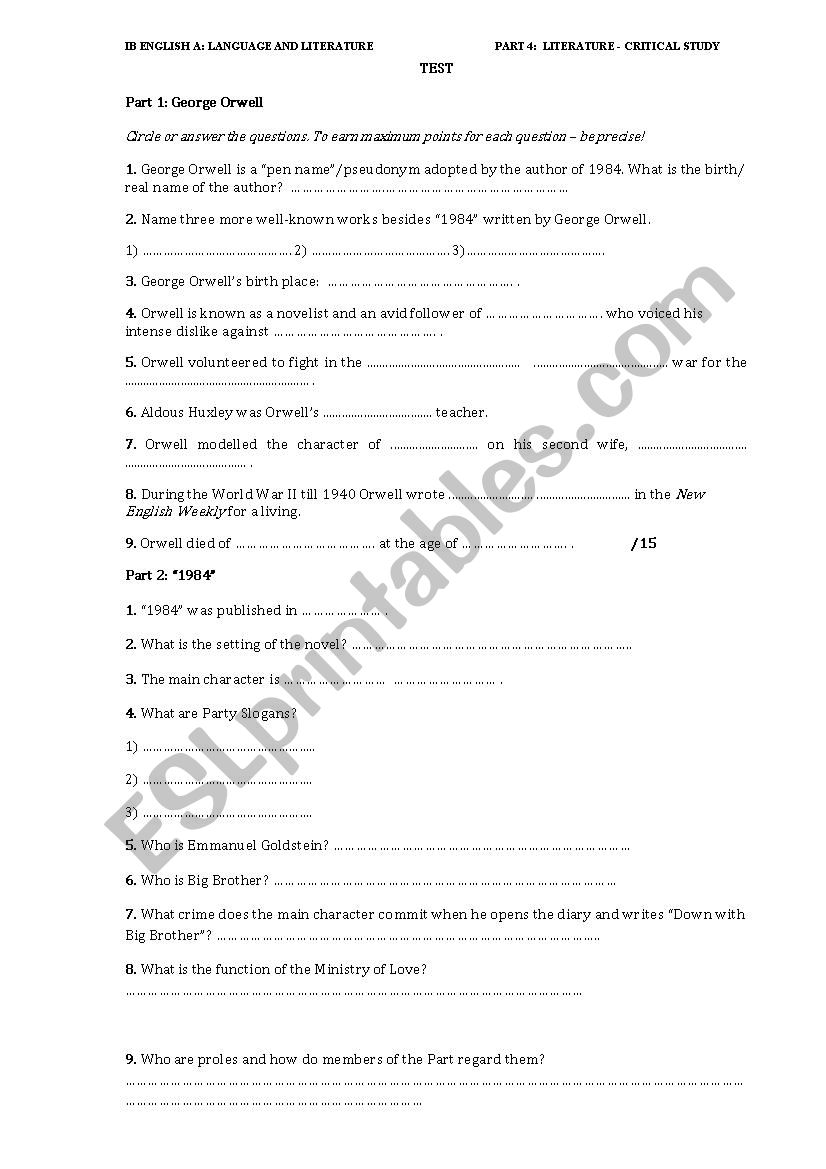 Test on G. OrwellÂ´s biography and "1984" - ESL worksheet by mazaism