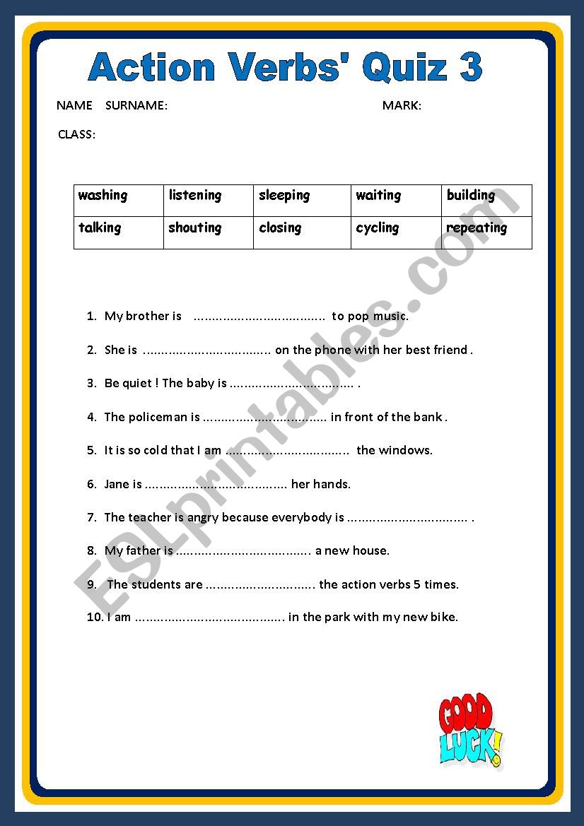 Action Verbs´ Quiz 3 - ESL worksheet by burcubayar