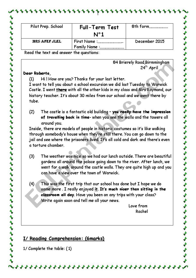 Full term test N°1 - ESL worksheet by pink flower
