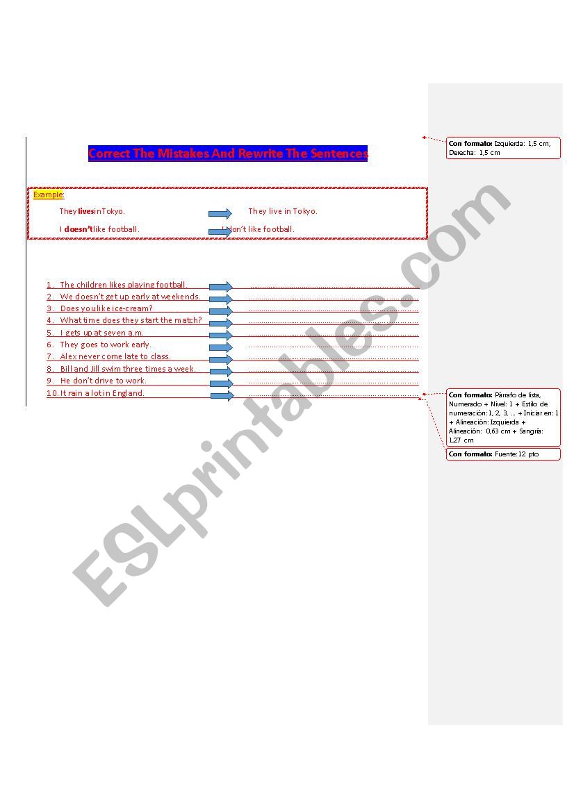 correct the mistakes and rewrite the present simple sentences - ESL ...