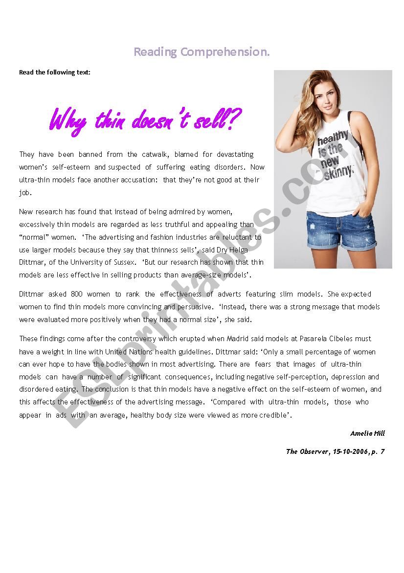 Reading Comprehension: "Why thin doesn´t sell?" - ESL worksheet by Antoalem