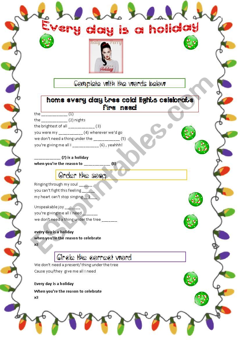 ***Every day´s a holiday!*** - Song by Katy Perry - ESL worksheet by ...