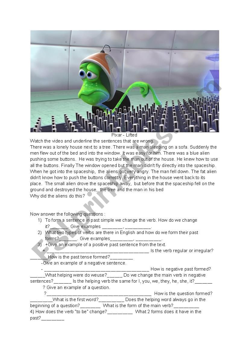 Past Simple - Pixar´s Lifted - ESL worksheet by TaniaJe