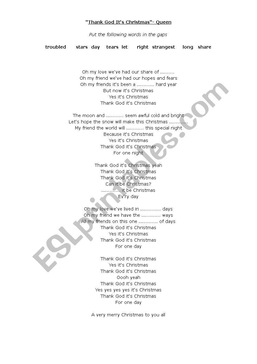 Thank God it´s Christmas - Queen - ESL worksheet by syatesy