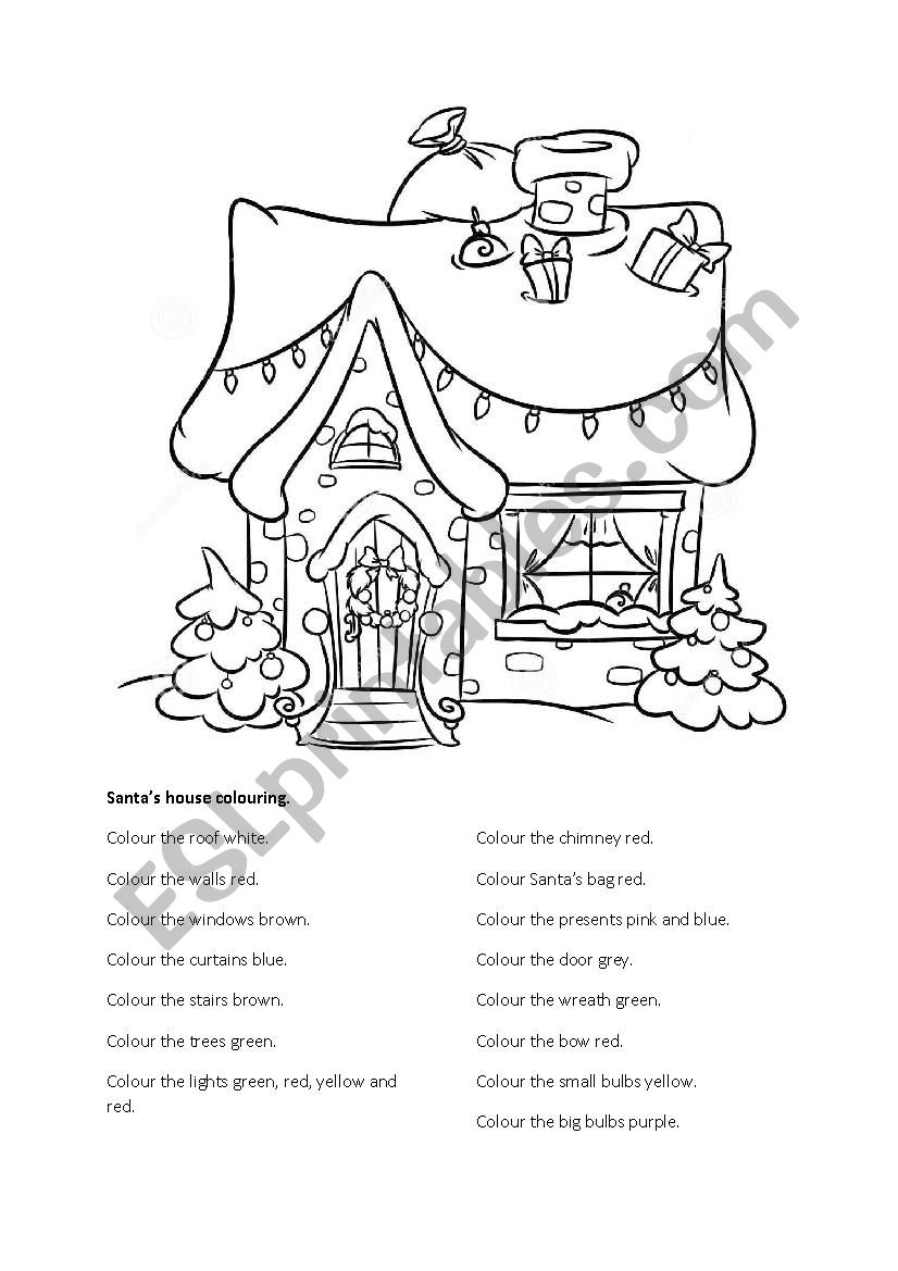 Christmas colouring Santa´s House - ESL worksheet by karolajna9