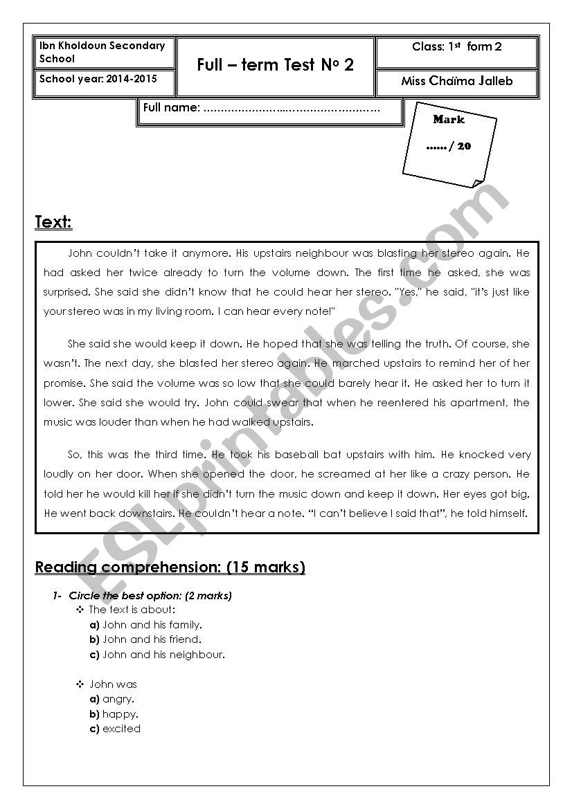 Full â€“ term Test No 2 - ESL worksheet by Miss Cho