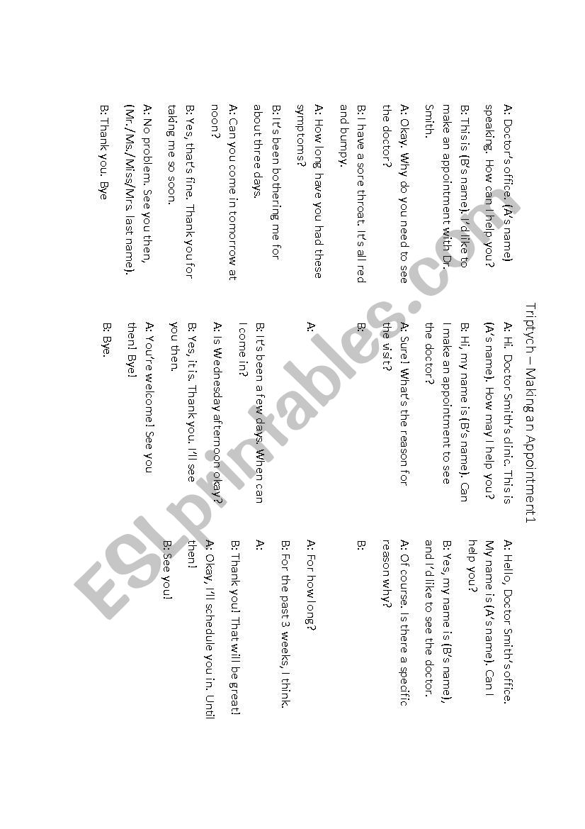 Making a Doctor´s Appointment Triptych - ESL worksheet by matrixknight88