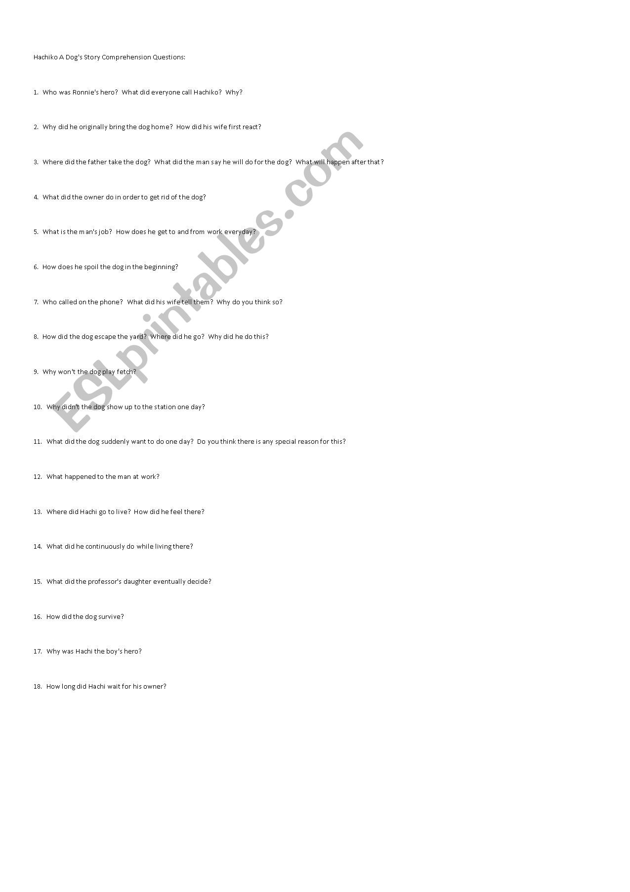 Hichako A Dog´S Story Movie Questions - ESL worksheet by markkrajcar