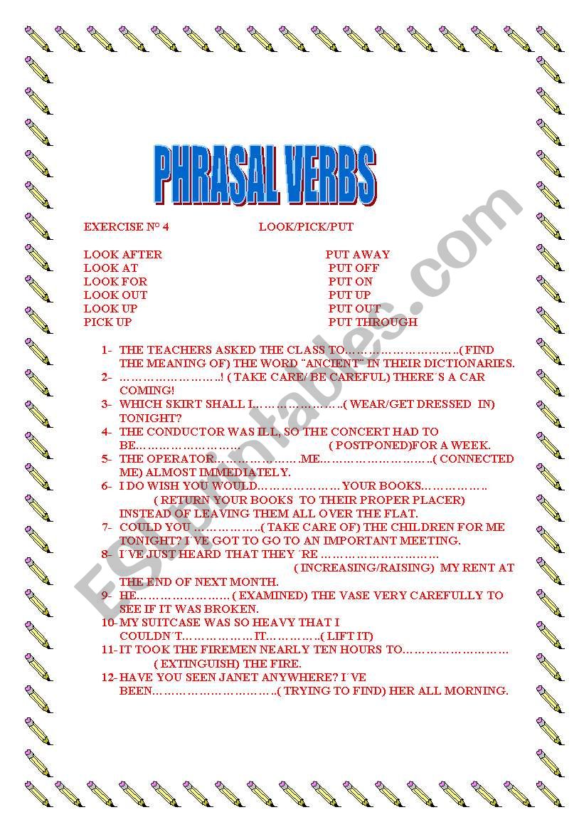 Phrasal Verbs Nº 4 ( with key) - ESL worksheet by Nabila Manzur