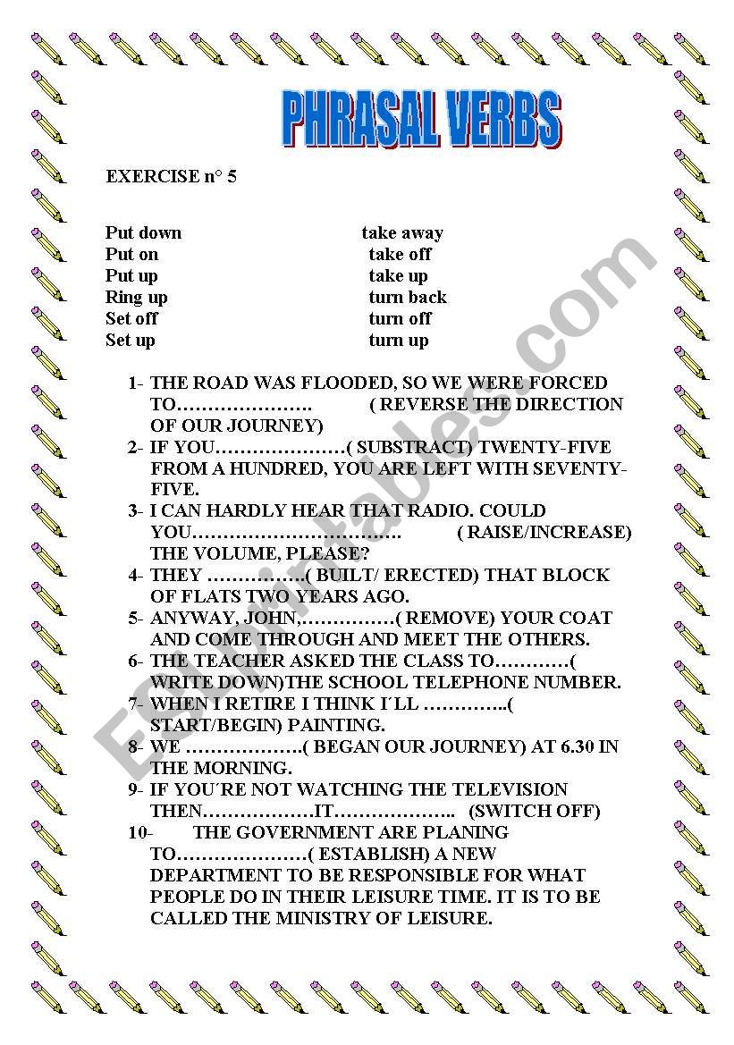 PHRASAL VERBS Nº 5 ( With Key) - ESL worksheet by Nabila Manzur