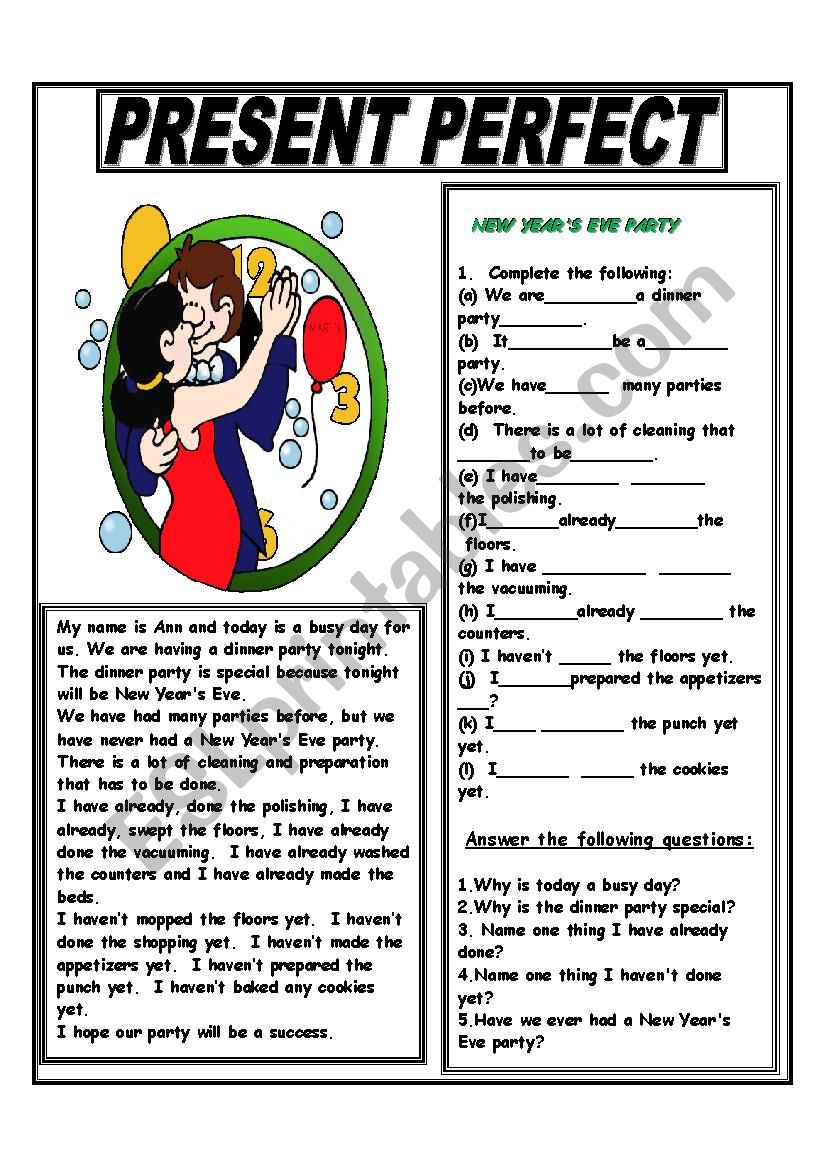 Present Perfect - Ann´s New Year´s Eve Party - ESL worksheet by GIOVANNI