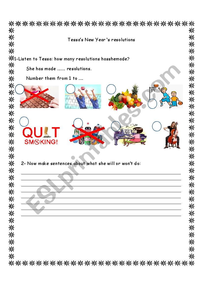 Basic listening comp New Year´s resolutions - ESL worksheet by frotea
