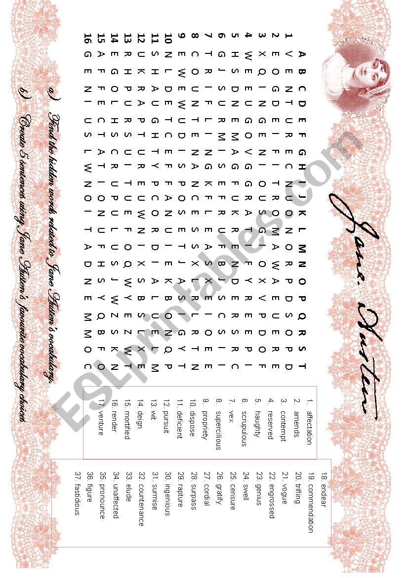 Jane Austen´s Favourite Vocabulary Choices wordsearch - ESL worksheet ...