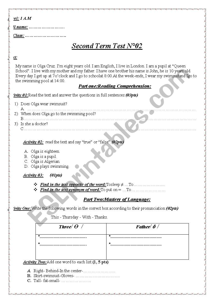 Second Term Test N°02 - ESL worksheet by nounaone333
