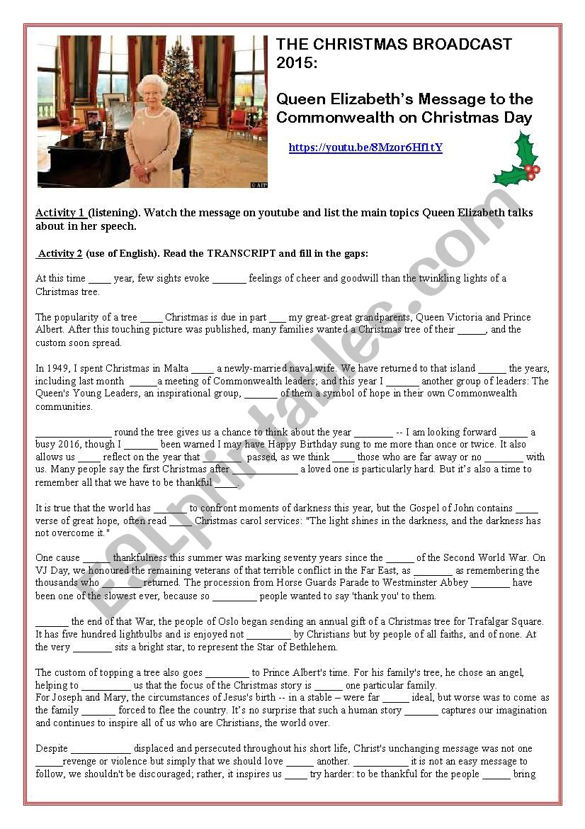 THE QUEEN´S CHRISTMAS SPEECH - ESL worksheet by cristinacontessi