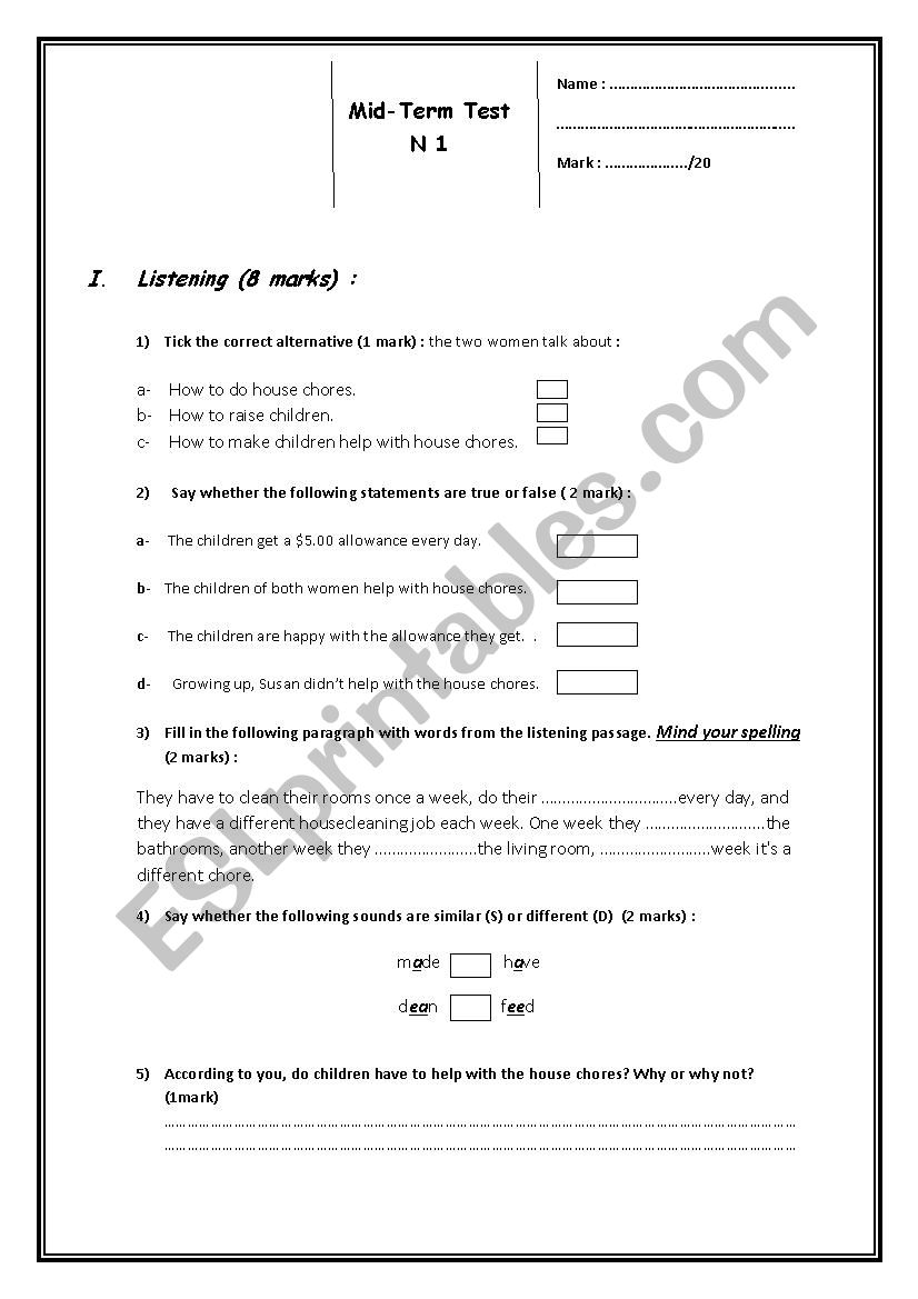 mid-term test for 2nd year students - ESL worksheet by slimmm