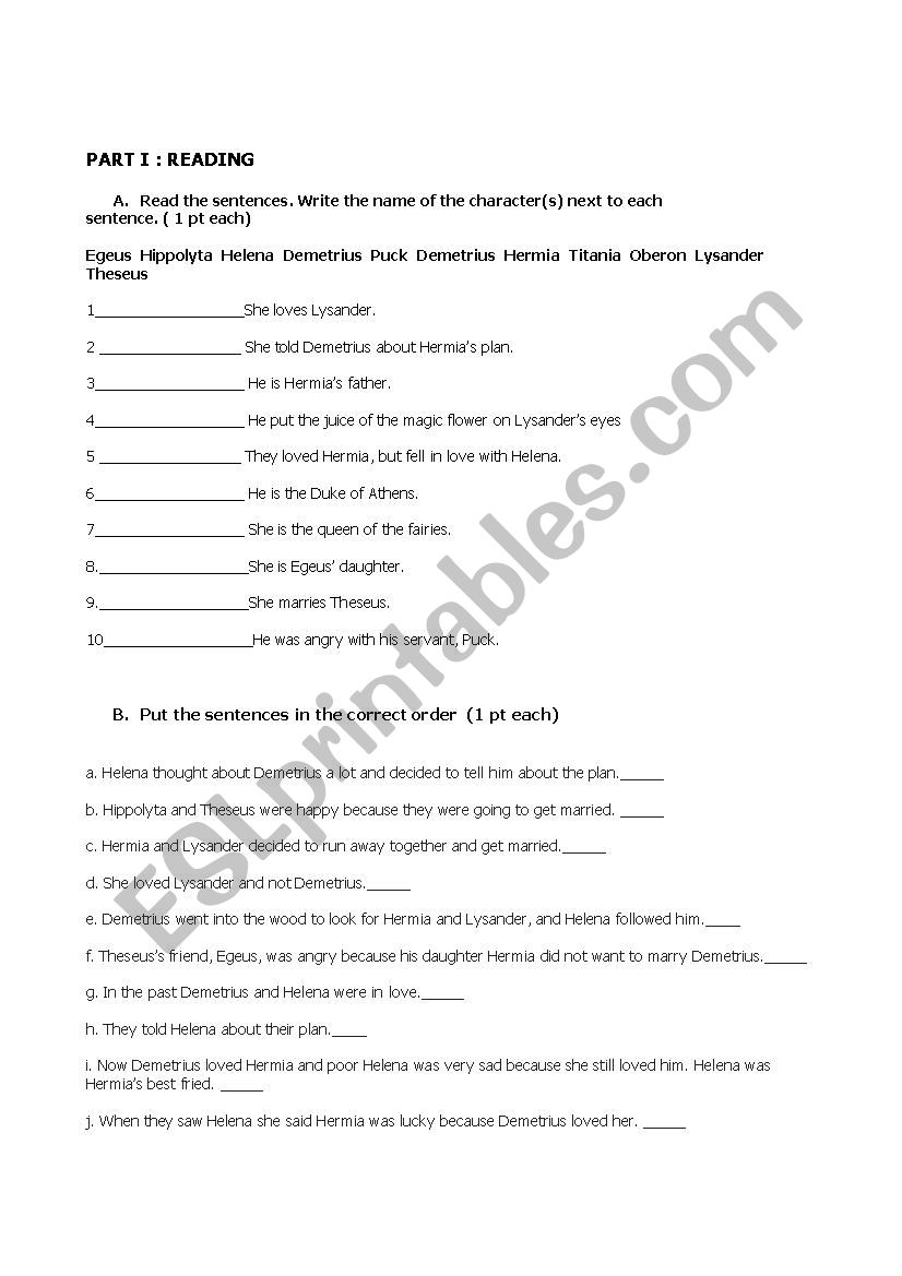 a midsummer nights´s dream test - ESL worksheet by zeyno