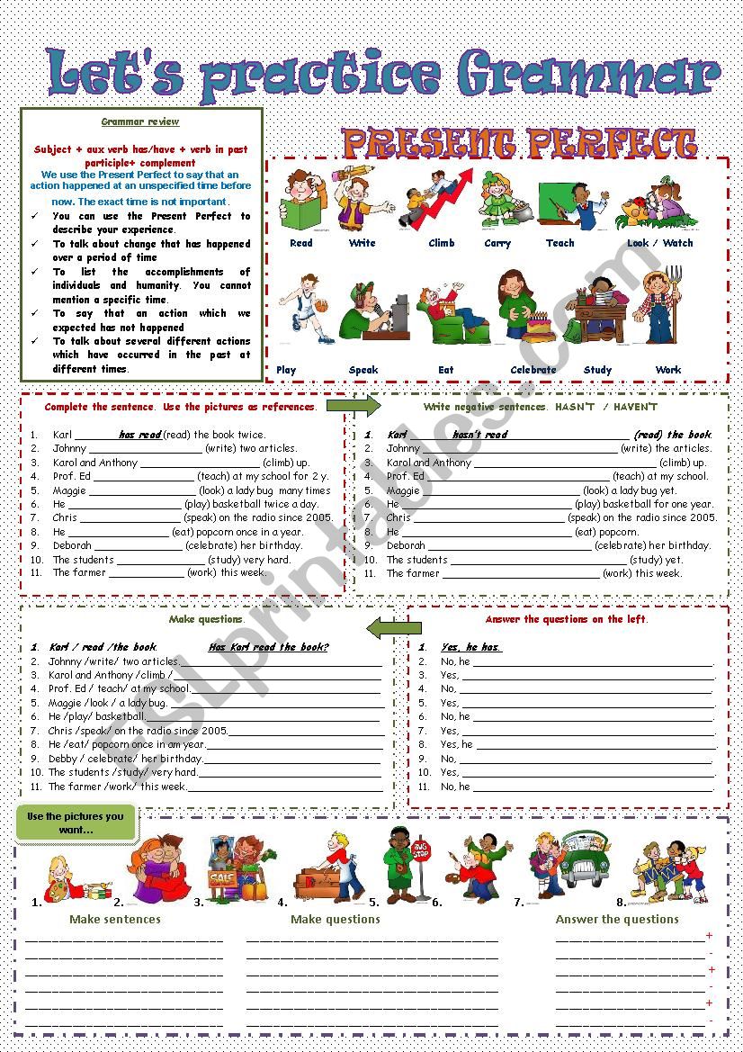 PRESENT PERFECT LET´S PRACTICE GRAMMAR - ESL worksheet by Sonyta04