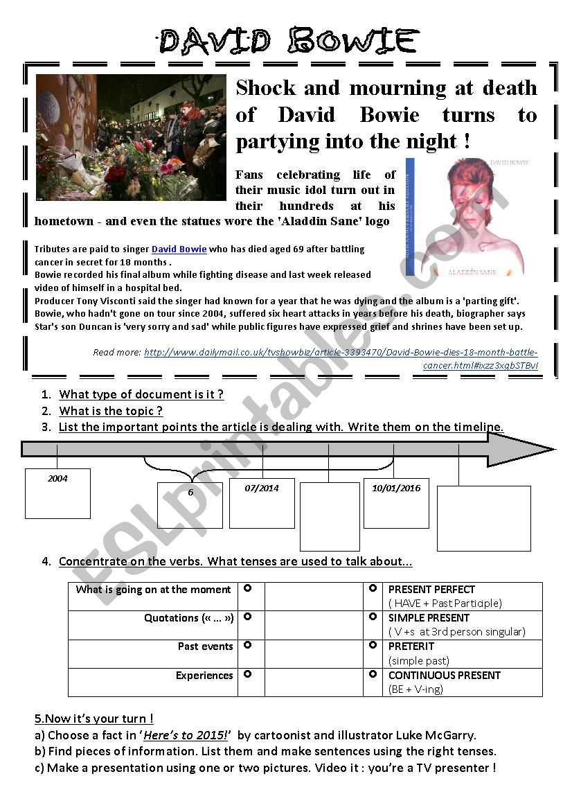 David Bowie´s death - become a TV presenter ! - ESL worksheet by Doubinou