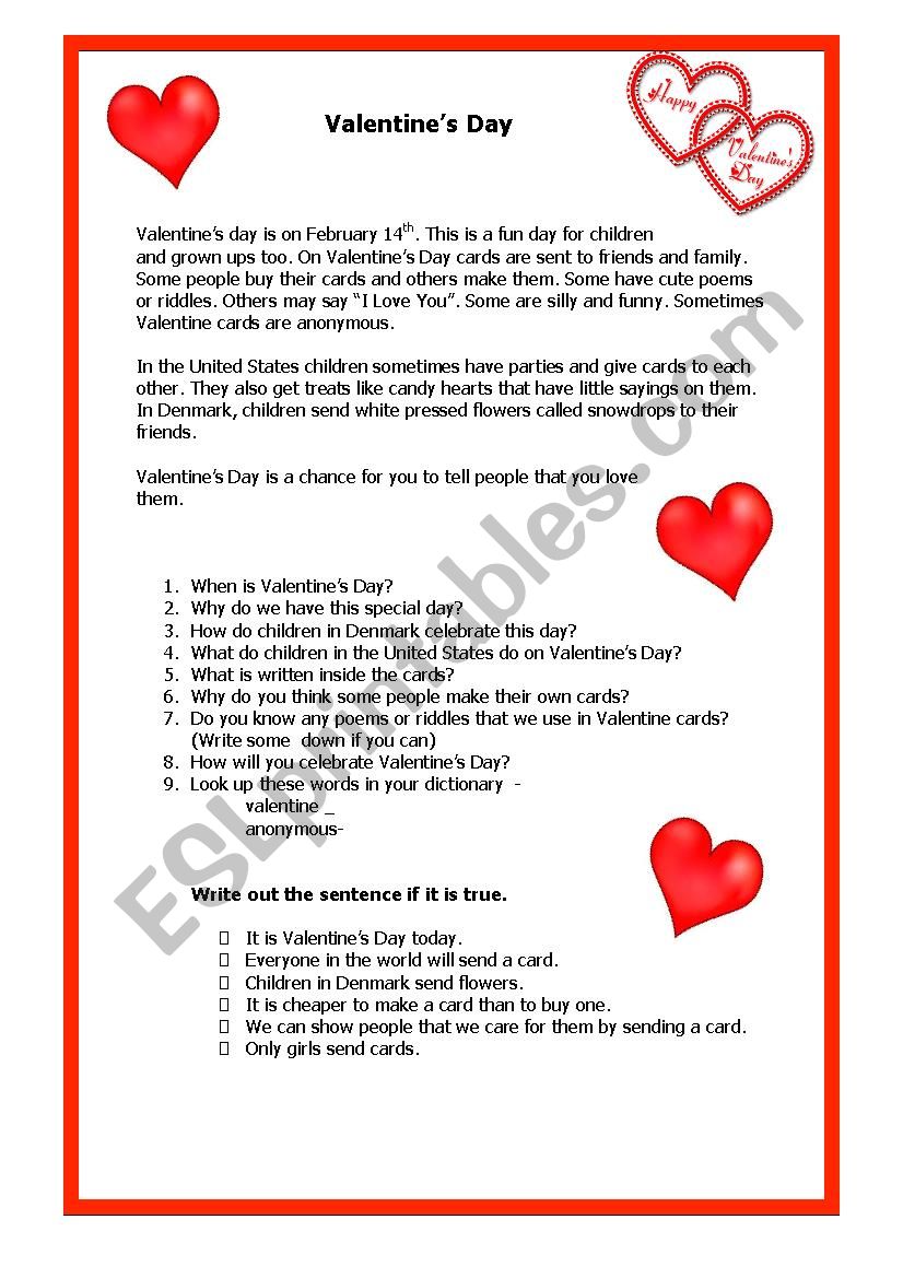ValentineÂ´s Day Comprehension - ESL worksheet by Elizabeth55