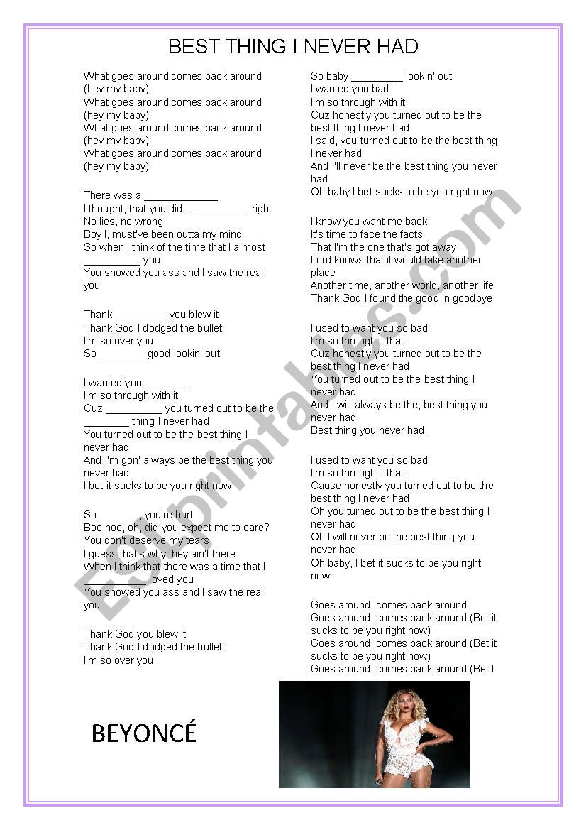 Song: Best Thing I Never Had (Beyoncé) - ESL worksheet by cintialeida