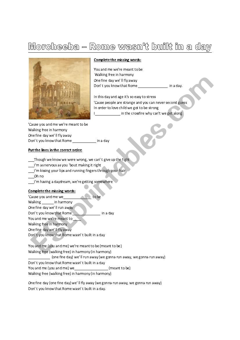 Song - Rome wasn´t built in a day - ESL worksheet by tbaxter