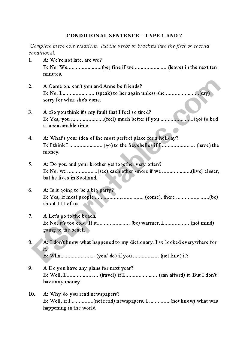 Conditional sentences, type 1 and 2 - ESL worksheet by tandungchuse