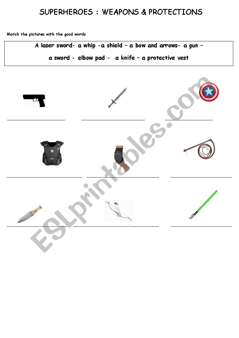 Superheroes´ weapons - ESL worksheet by lilou12